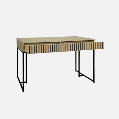 sweeek - 2-drawer contemporary desk with grooved wood decor black metal ...