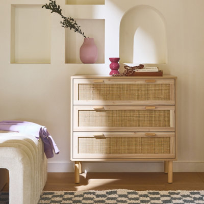 sweeek - 3-drawer chest with cane and wooden effect Natural 80x40x80 cm ...