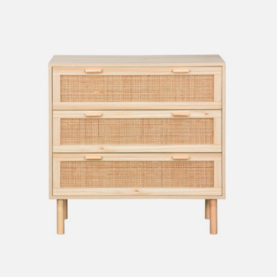sweeek - 3-drawer chest with cane and wooden effect Natural 80x40x80 cm ...