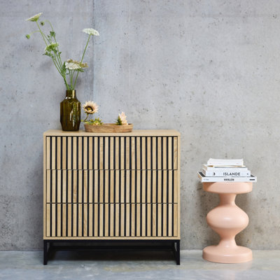 sweeek. 3-drawer contemporary-style chest of drawers grooved wood decor ...