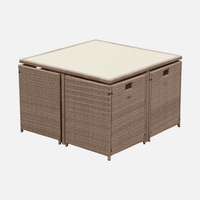 sweeek - 4 to 8-seater rattan cube table set with chairs Natural ...