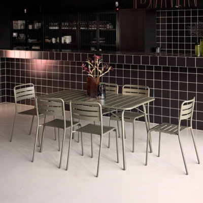 sweeek - 6-seater folding metal garden table with 6 chairs Khaki Green ...