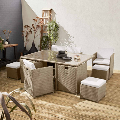 sweeek - 6 to 10-seater rattan cube table set with chairs Vabo 10 Beige ...