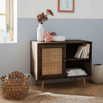 sweeek - 80cm scandi-style storage cabinet with wooden and cane rattan ...