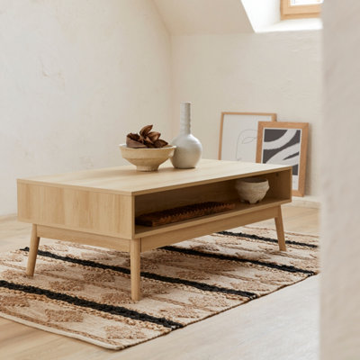 sweeek - Grooved wood detail coffee table Linear Natural 110x59x39 cm