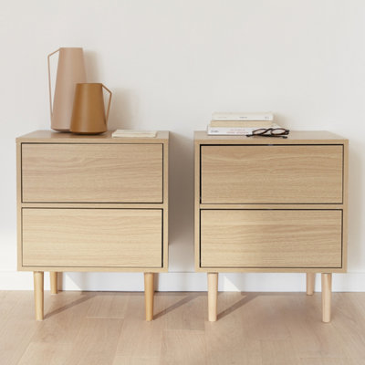 sweeek. Pair of wood-effect bedside tables with two drawers 48x40x59cm - Mika - Natural Wood ...