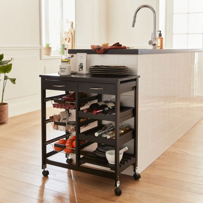 sweeek. Wood-effect kitchen cart with wheels Charlotte Black 65x35x76 cm