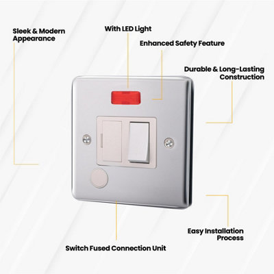 Switch Fused Connection unit With Neon With Outlet - Brushed Steel