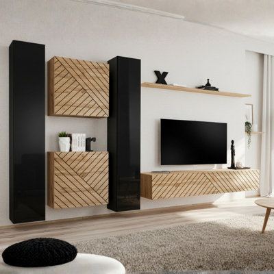 SWITCH LAMEL VI Modern Living Room Wall Unit Black Gloss with Wotan