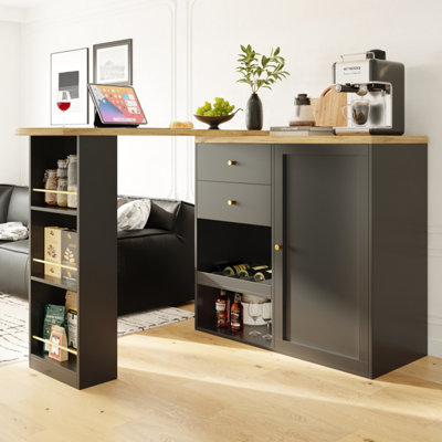 Swivel Bar Table with 2 Drawers, Sliding Door Cabinet & 3-Tier Open ...