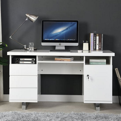 Sydney High Gloss Computer Desk In White With 3 Drawers | DIY at B&Q