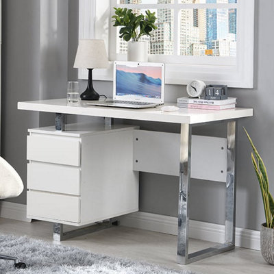 Sydney High Gloss Computer Desk With 3 Drawers In White | DIY at B&Q