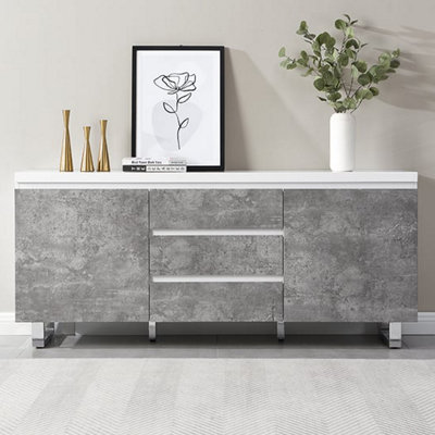 Sydney Large High Gloss Sideboard In White And Concrete Effect