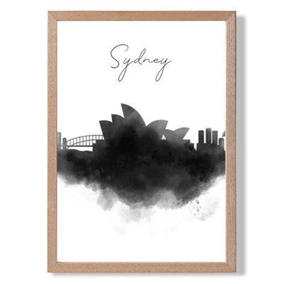 Sydney Watercolour Skyline City Framed Print SIZE: A3 with Oak Frame