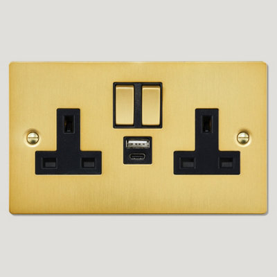 SYLVIE Double USB / USB-C Plug Socket - Brass (Black Insert)