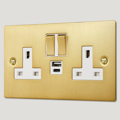 SYLVIE Double USB / USB-C Plug Socket - Brass (White Insert)
