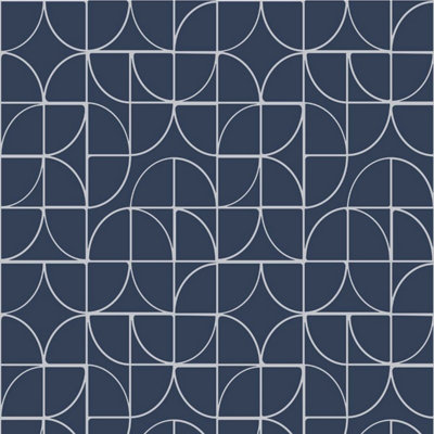 Symmetry Geometric Shapes Wallpaper Navy / Silver Rasch 310108