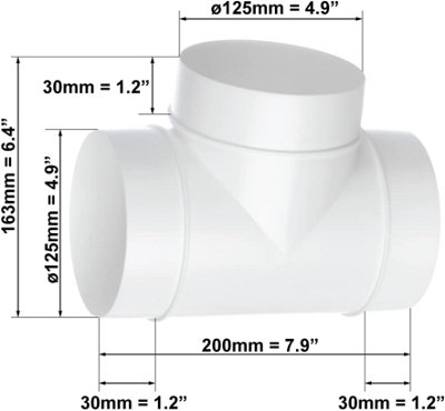 T-Joint - 3 Way Duct Connector 125mm / 5" Round PVC T Shape