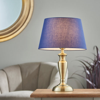 Table Lamp Antique Brass Plate & Navy Cotton 60W E27 Base & Shade e10349