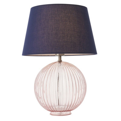 Table Lamp Dusky Pink Ribbed Glass & Navy Cotton 40W E27 GLS Base ...