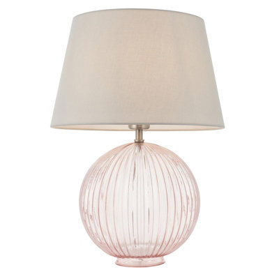 Table Lamp Dusky Pink Ribbed Glass & Pale Grey Cotton 40W E27 Bedside ...