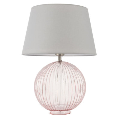 Table Lamp Dusky Pink Ribbed Glass & Pale Grey Cotton 40W E27 Bedside Light