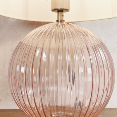 Table Lamp Dusky Pink Ribbed Glass & Pale Grey Cotton 40W E27 Bedside Light