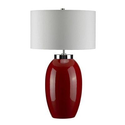 Table Lamp Large Red Glaze Cream Faux Silk Empire Cylinder ShadeLED E27 ...