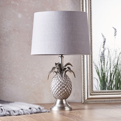 Table Lamp Pewter Plate & Charcoal Linen 60W E27 GLS Base & Shade