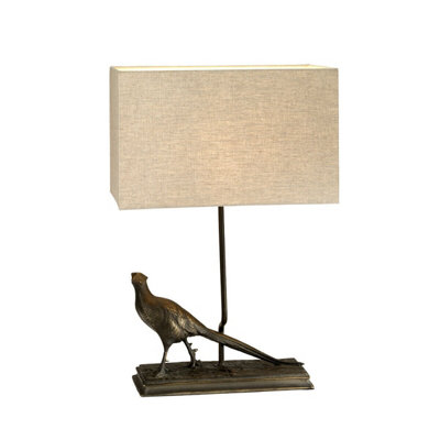 Table Lamp Pheasant Statuette Natural Hessian Shade Bronze Patina LED ...