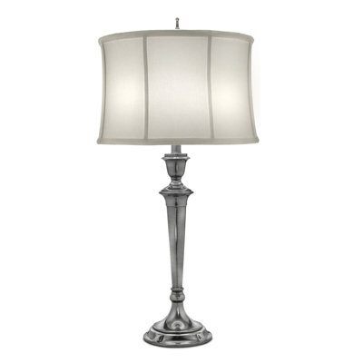 Table Lamp Zinc Cast Off White Silk Shantung Shade Antique Nickel LED ...
