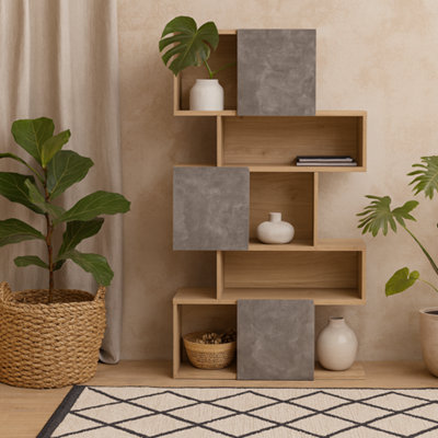 Taichung Asymmetrical 5-Shelf Bookcase in Hickory Oak and Concrete Effect