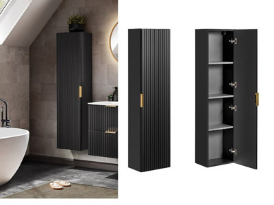 Tall Bathroom Cabinet Wall Cupboard Slim Storage Unit Black Ribbed ...