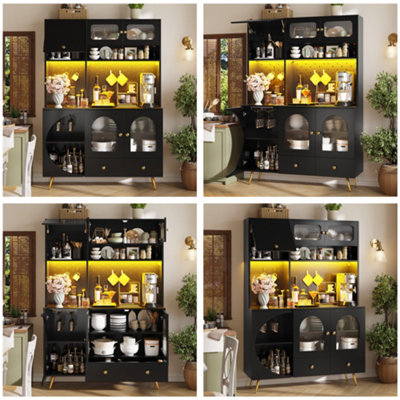 Tall Black Kitchen Sideboard Cabinet with LED Lights, USB Power Outlets ...