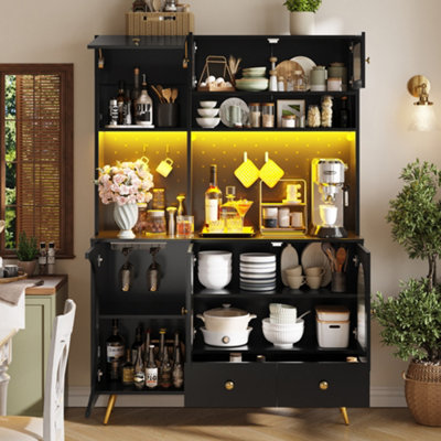 Tall Black Kitchen Sideboard Cabinet with LED Lights, USB Power Outlets ...