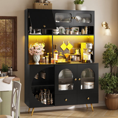 Tall Black Kitchen Sideboard Cabinet with LED Lights, USB Power Outlets ...