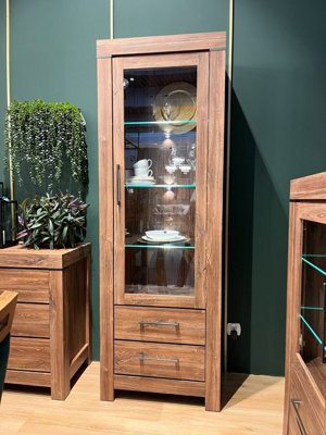 Tall Glass Display Cabinet Unit 2 Soft Close Drawers LED Light Glazed Buffet Medium Oak Finish