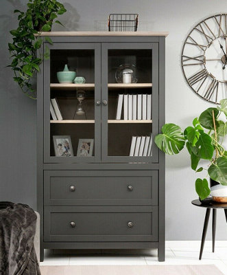 Tall Glass Display Cabinet Unit Dresser Drawers Country Grey Oak Shaker Bocage