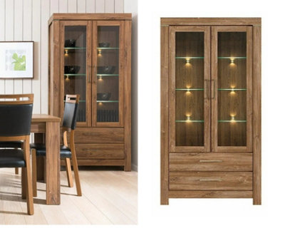 Tall Glass Display Cabinet w Drawers Wide 98cm Unit Soft Close LED Light Medium Oak Effect Gent