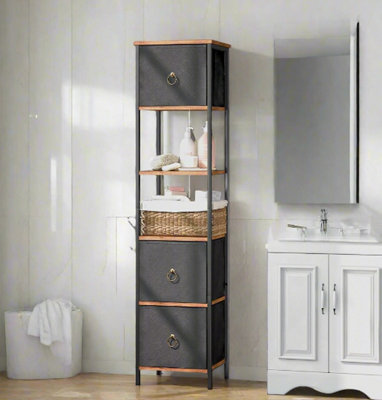 Tall Narrow Corner Storage Cabinet, 3 Fabric Drawers & 2 Open Shelves ...
