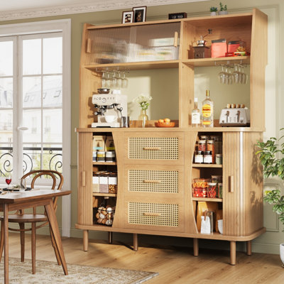 Tall Rattan & Glass Sideboard Cabinet with Sliding Doors, 174.5cm ...