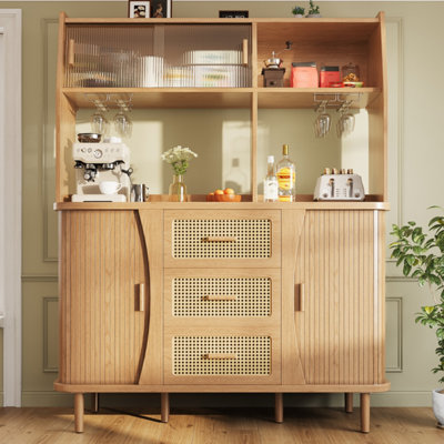 Tall Rattan & Glass Sideboard Cabinet with Sliding Doors, 174.5cm ...
