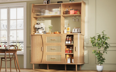 Tall Rattan & Glass Sideboard Cabinet with Sliding Doors, 174.5cm ...