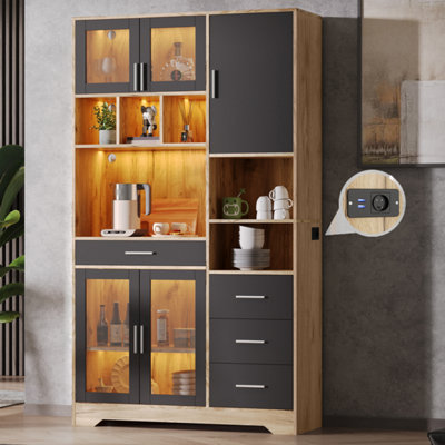 Tall Storage Sideboard Cabinet with LED Lighting and Charging Station ...