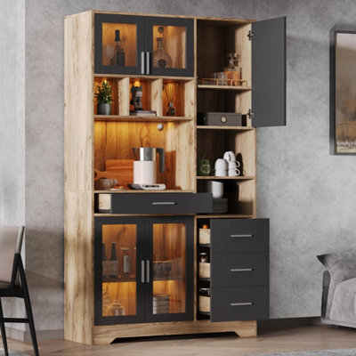 Tall Storage Sideboard Cabinet with LED Lighting and Charging Station ...