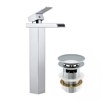 Tall Waterfall Basin Mixer Tap Chrome - Square Monobloc Design for ...