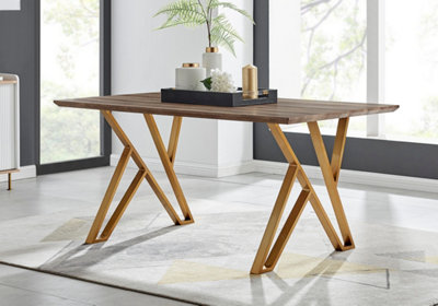 Taranto Rectangular Wood Effect 6 Seater Dining Table with Gold Metal ...
