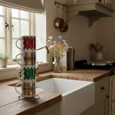 Tartan & Argyle Small Stacking Mugs Gift - Set of 4 Ceramic Cups with Stand