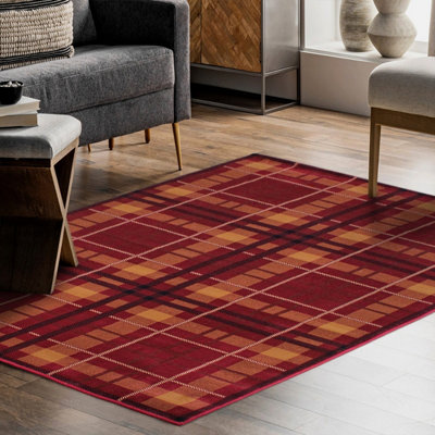 Tartan Red Chequered Tartan Easy to Clean Rug For Dining Room-60cm X ...