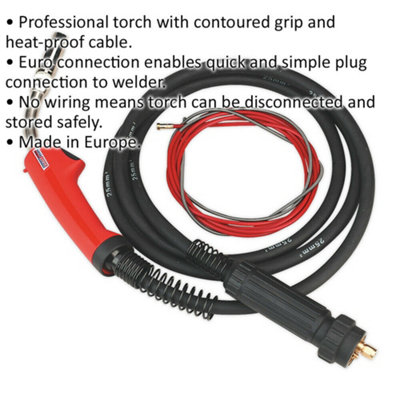 TB25 MIG Welding Torch with Euro Connector and 3m Heat Resistant Cable